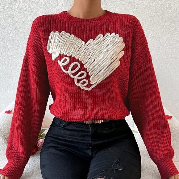 Sweaters | Red Casual Womens Love Heart Patchwork Drop Shoulder Sweater ...